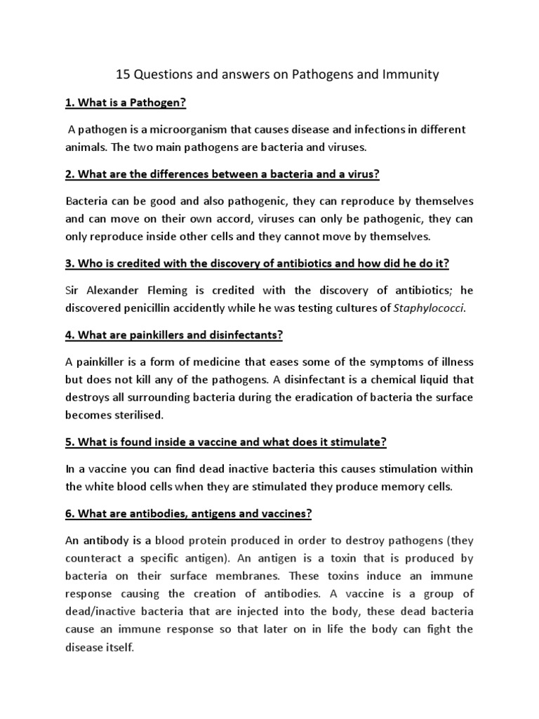 15 Questions and Answers On Pathogens and Immunity | PDF | Pathogen ...