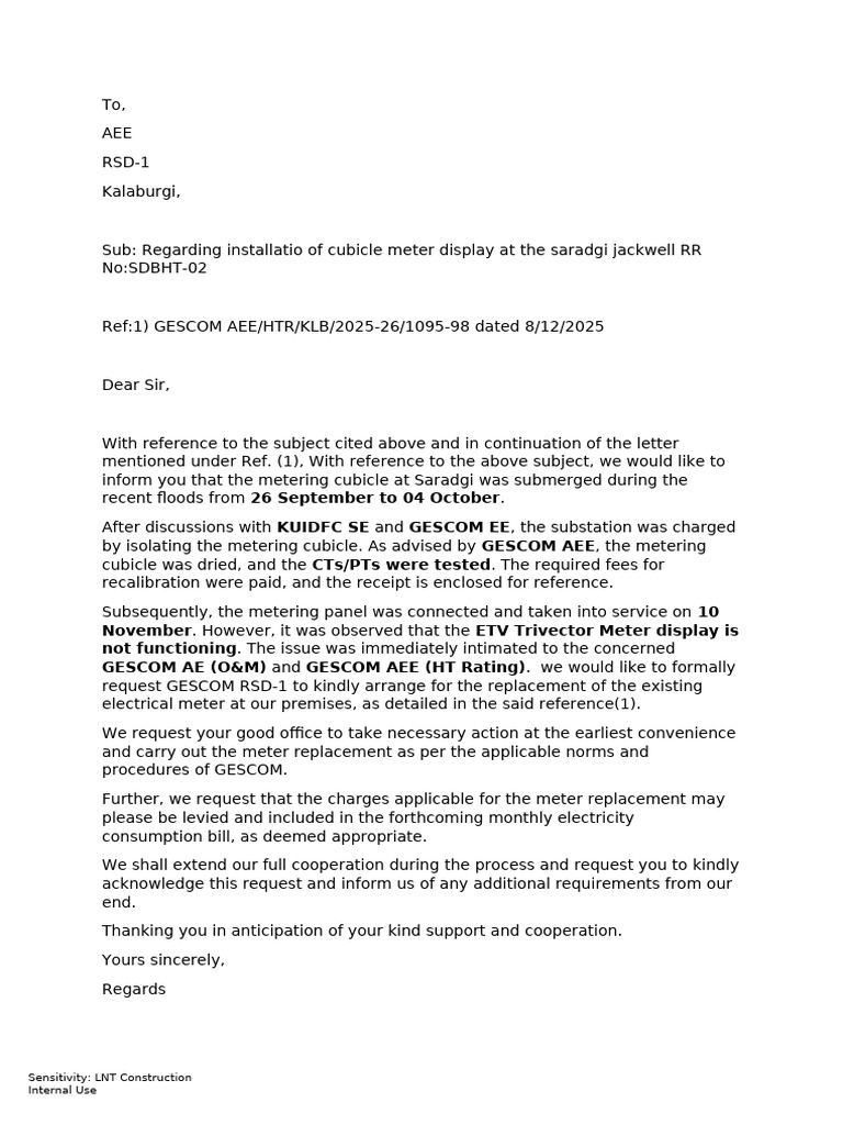 Draft Rletter for Replacement of HT Meter at Saradgi. | PDF