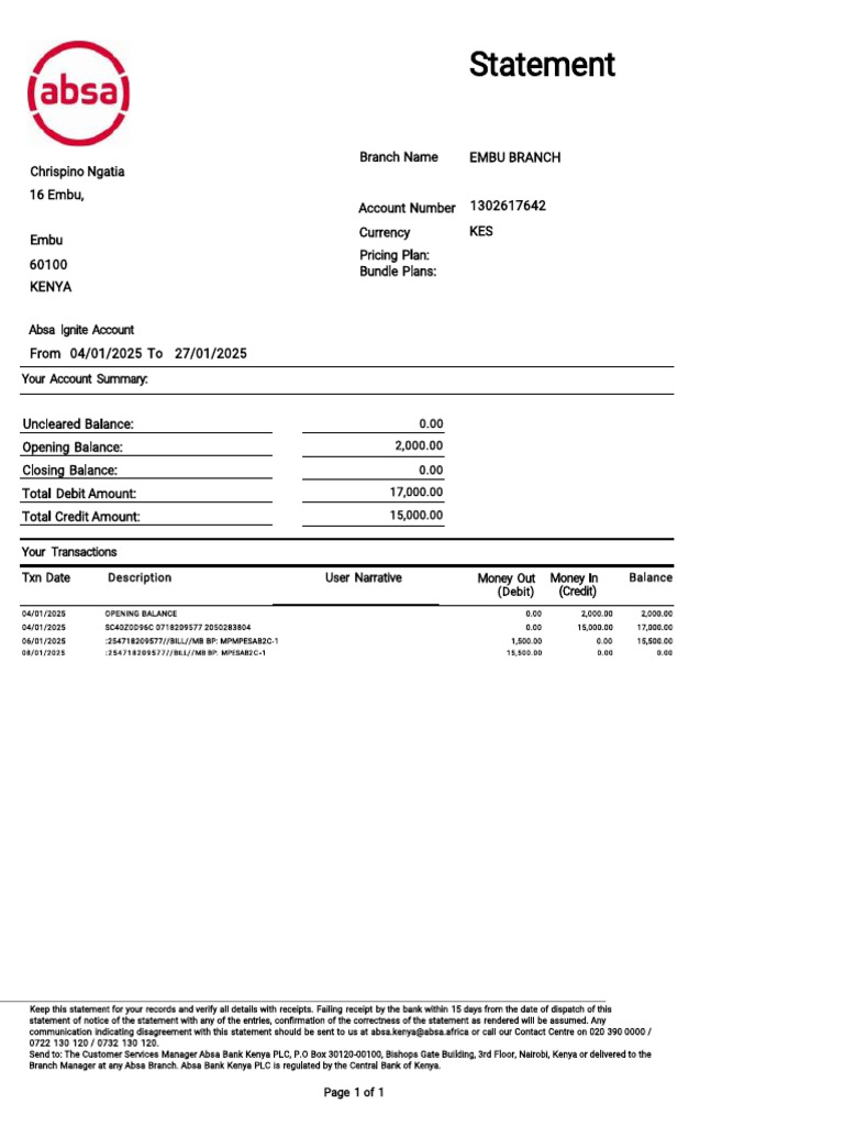 Chrispino Ngatia Absa Statement | PDF | Debits And Credits | Receipt
