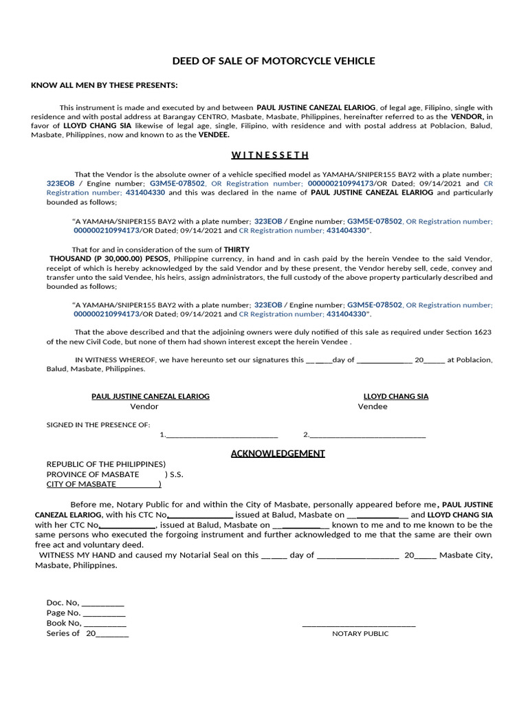 Deed of Sale of Motorcycle Vehicle | PDF | Legal Documents | Civil Law ...