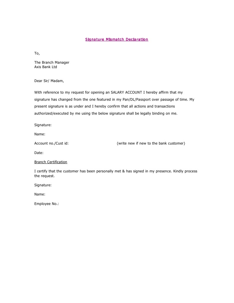 Signature Mismatch Declaration for Axis Bank | PDF