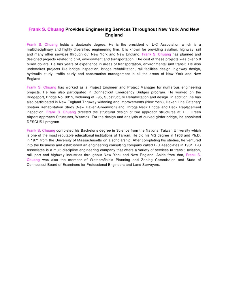 Frank S Chuang Provides Engineering Services Throughout New York and ...