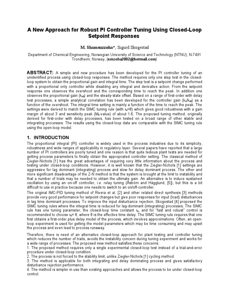 A New Approach For Robust PI Controller Tuning Using Closed-Loop ...