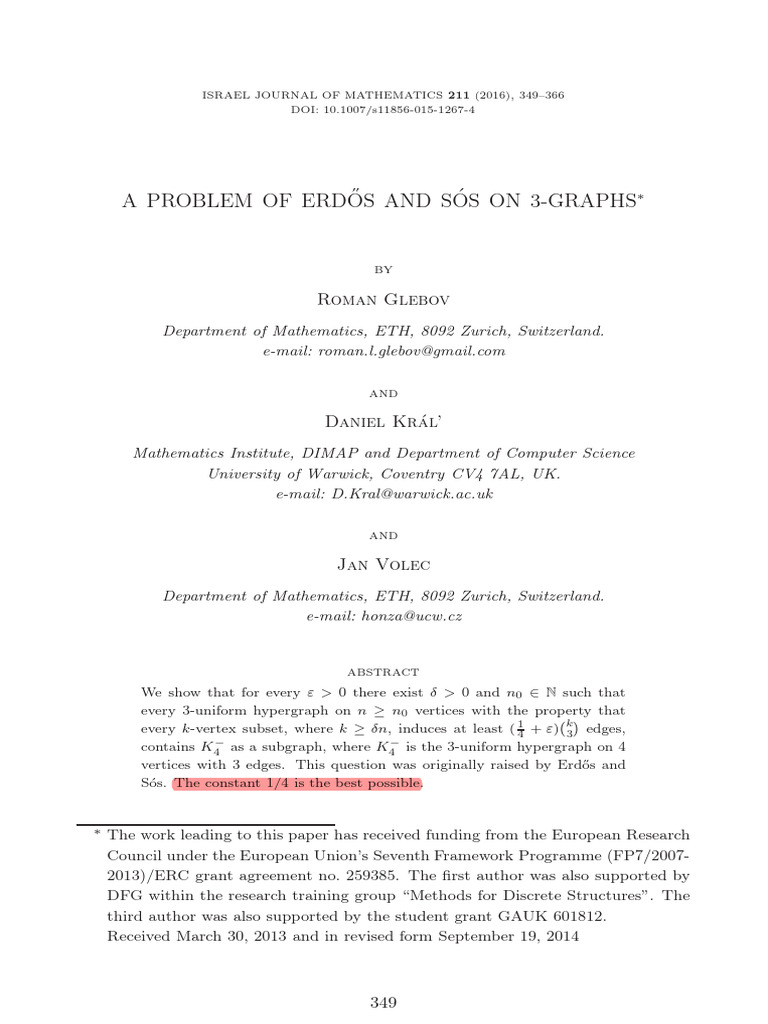 2016 a Problem of Erdős and Sós on 3-Graphs-Israel of Math | PDF ...