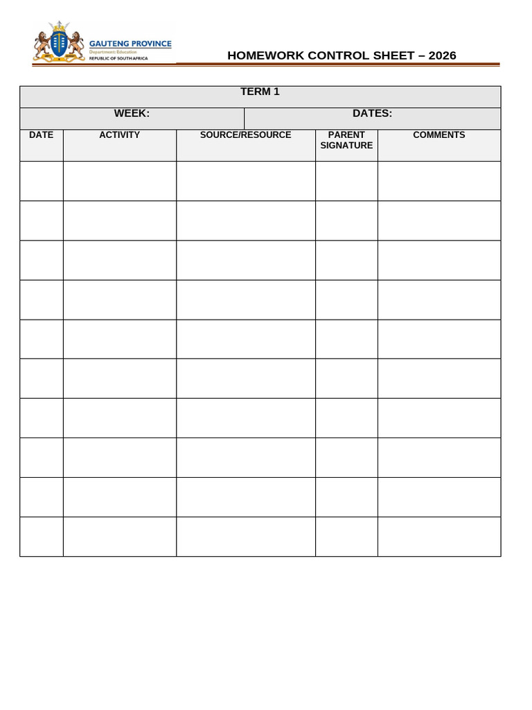 2026 TW Homework Control Sheet | PDF