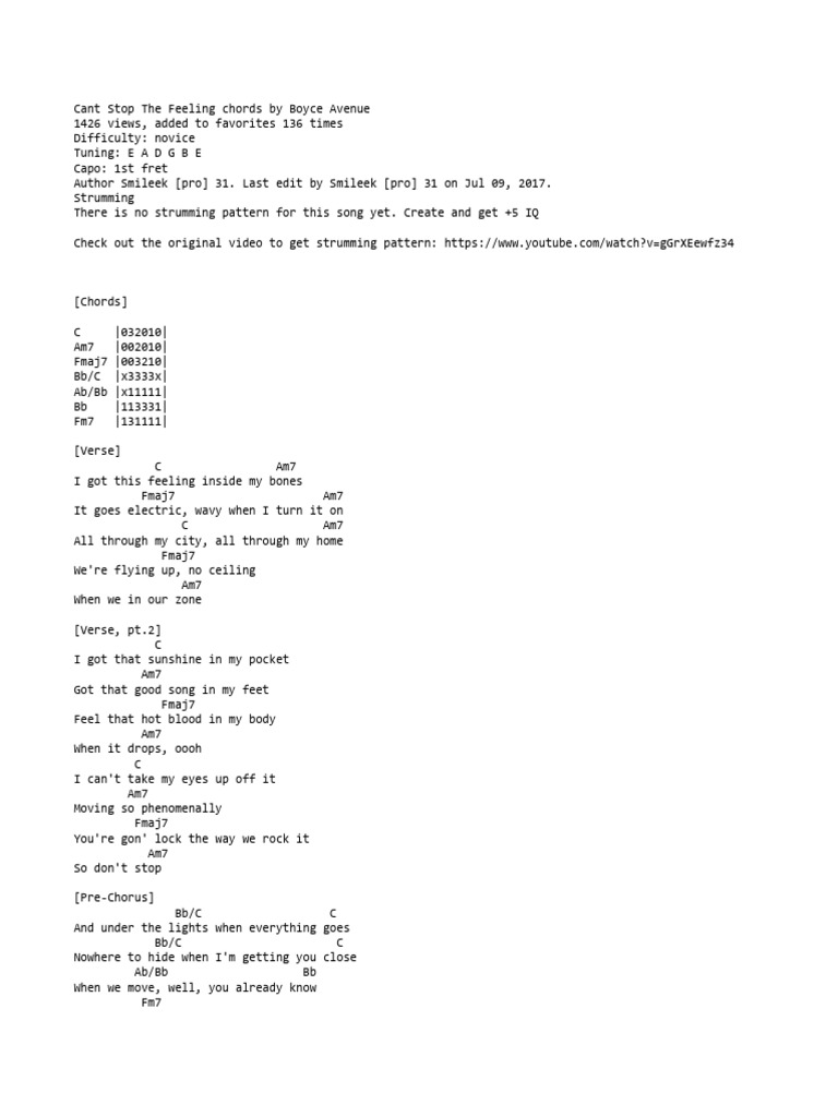 Chords - Boyce Avenue Cant Stop the Feeling.txt - Notepad | PDF | Music ...
