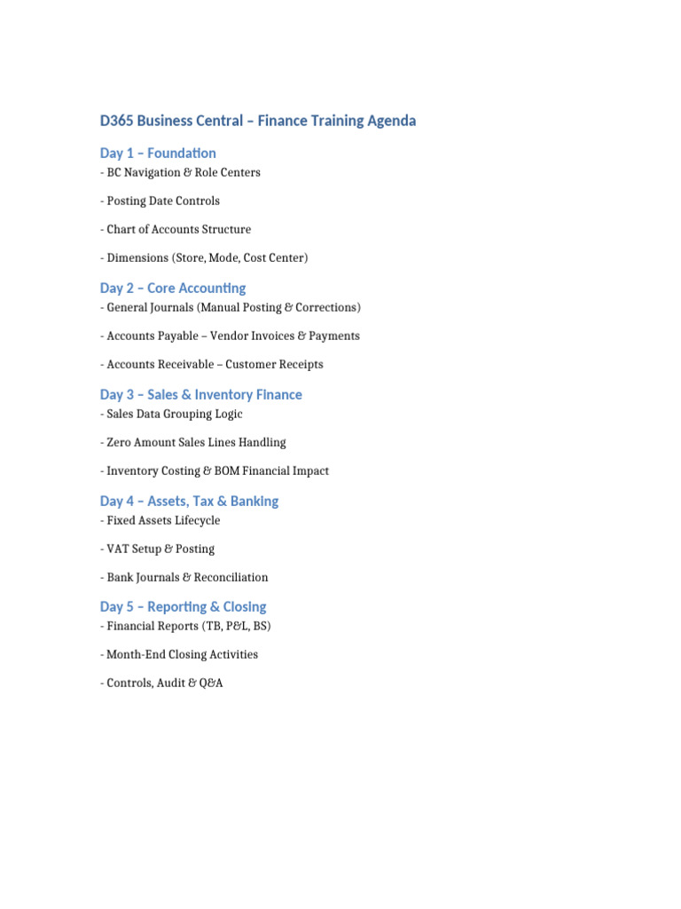 D365 BC Finance Training Agenda | PDF