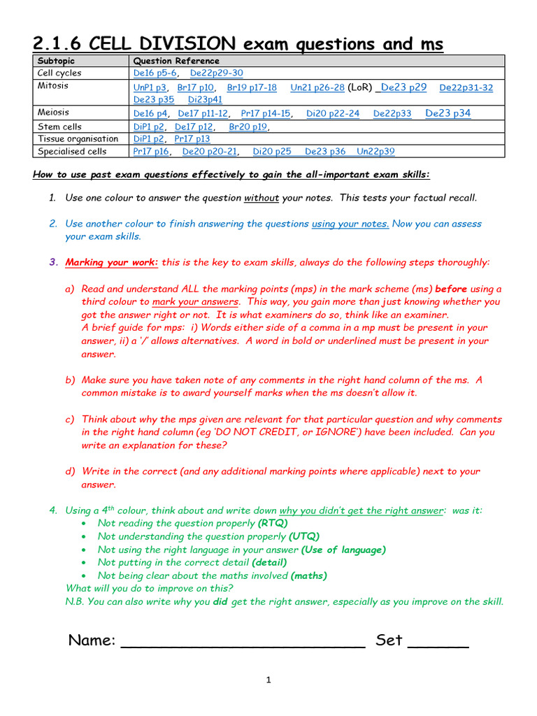 2.1.6 Cell Division Current Spec Exam Question Pack With Answers | PDF ...