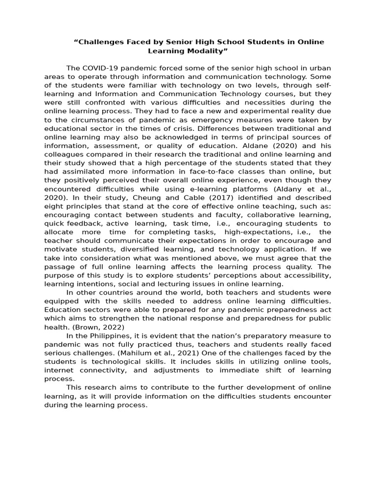 Challenges Faced by Senior High School Students in Online Learning ...
