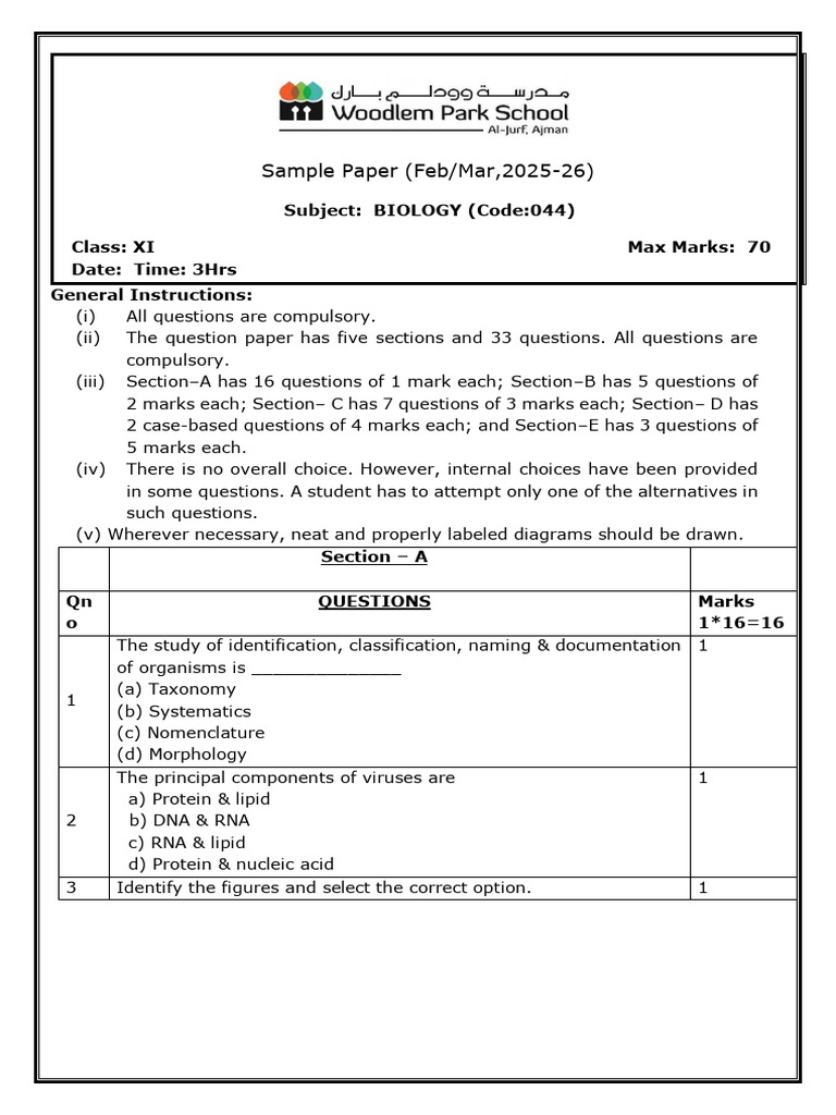 GR 11 Biology Sample Paper 25-26 | PDF | Cell (Biology) | Organelle