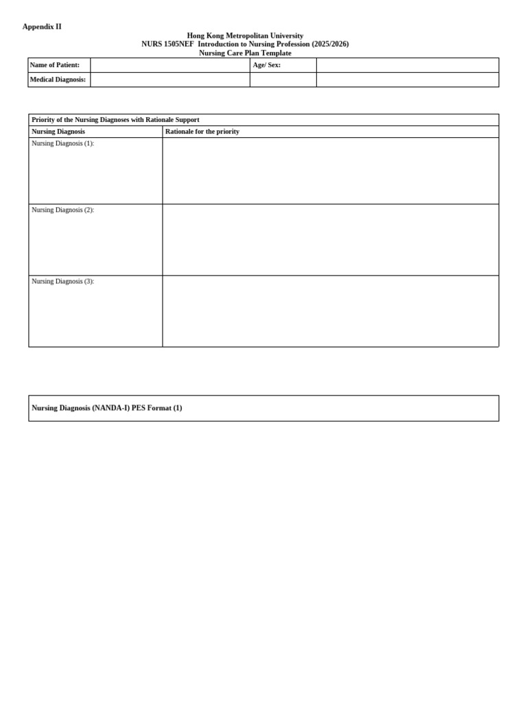 Appendix II_Template of Nursing Care Plan | PDF | Nursing | Social Programs