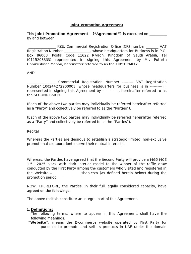Joint Promotion Agreement | PDF | Indemnity | United Arab Emirates