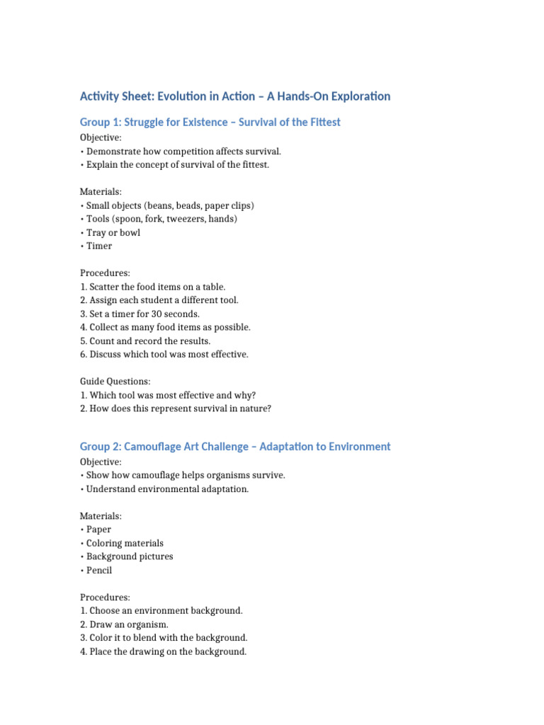 Evolution in Action Activity Sheet | PDF