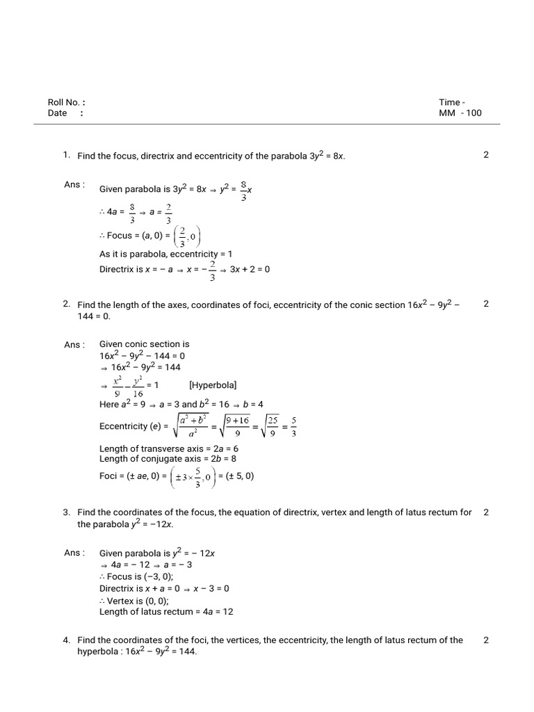 Conic Sections 100 Answer | PDF | Euclidean Geometry | Analytic Geometry