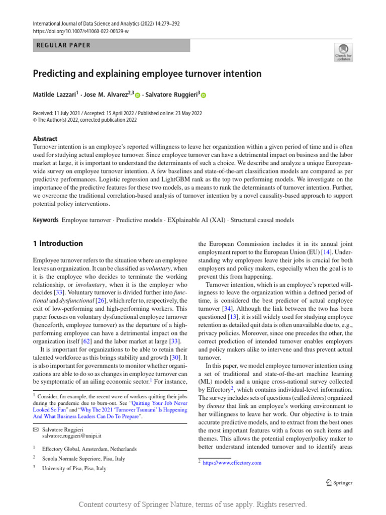 Predicting and Explaining Employee Turnover Intent | PDF | Cross ...