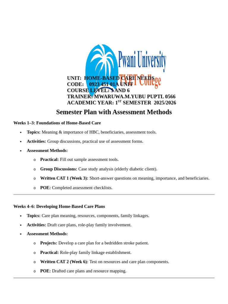Home Based Care Unit Semester Plan | PDF | Educational Assessment ...