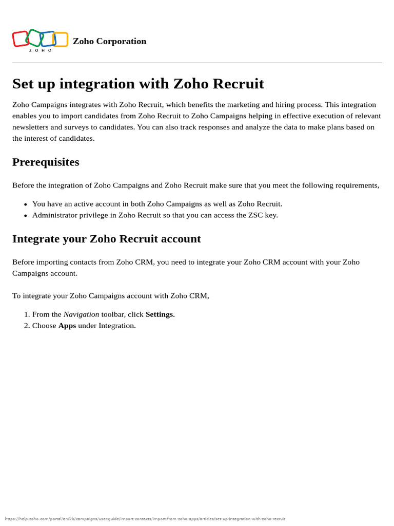 Set Up Integration With Zoho Recruit | PDF