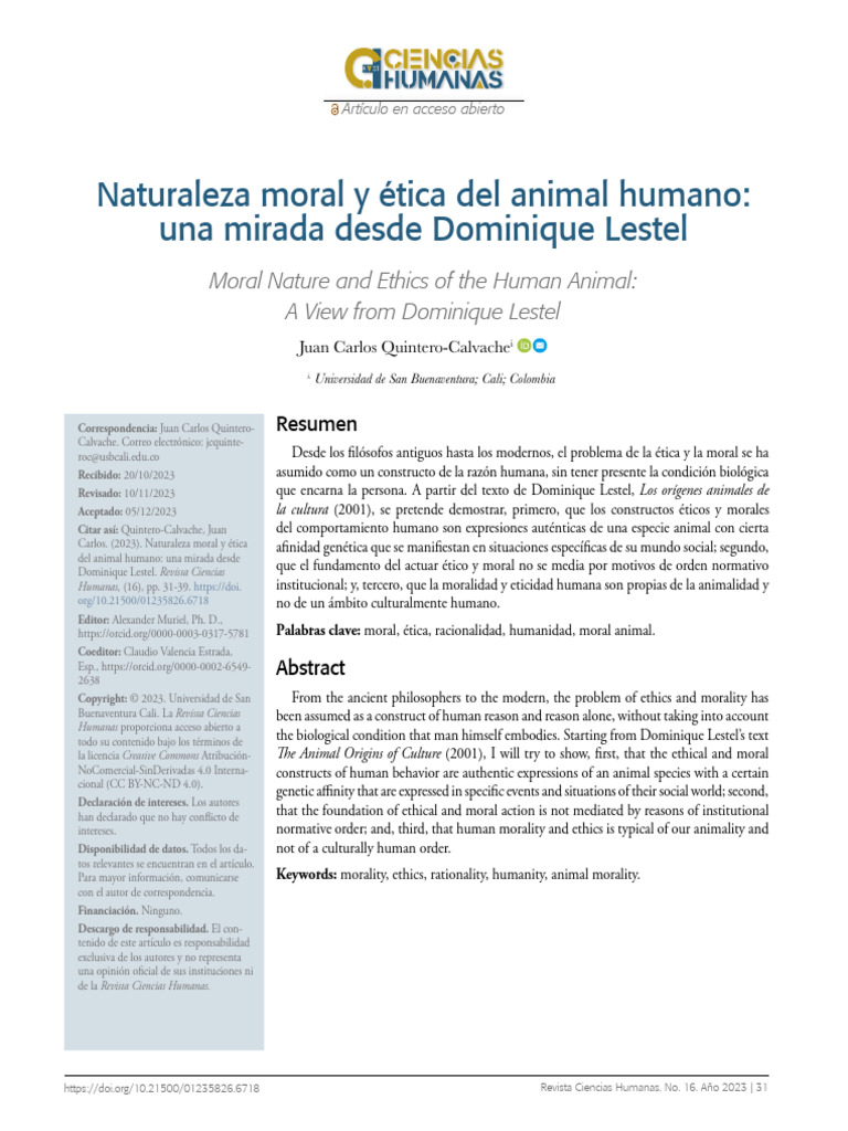 Naturaleza Moral y Etica Del Animal Humano Una Mirada Desde Lestel ...