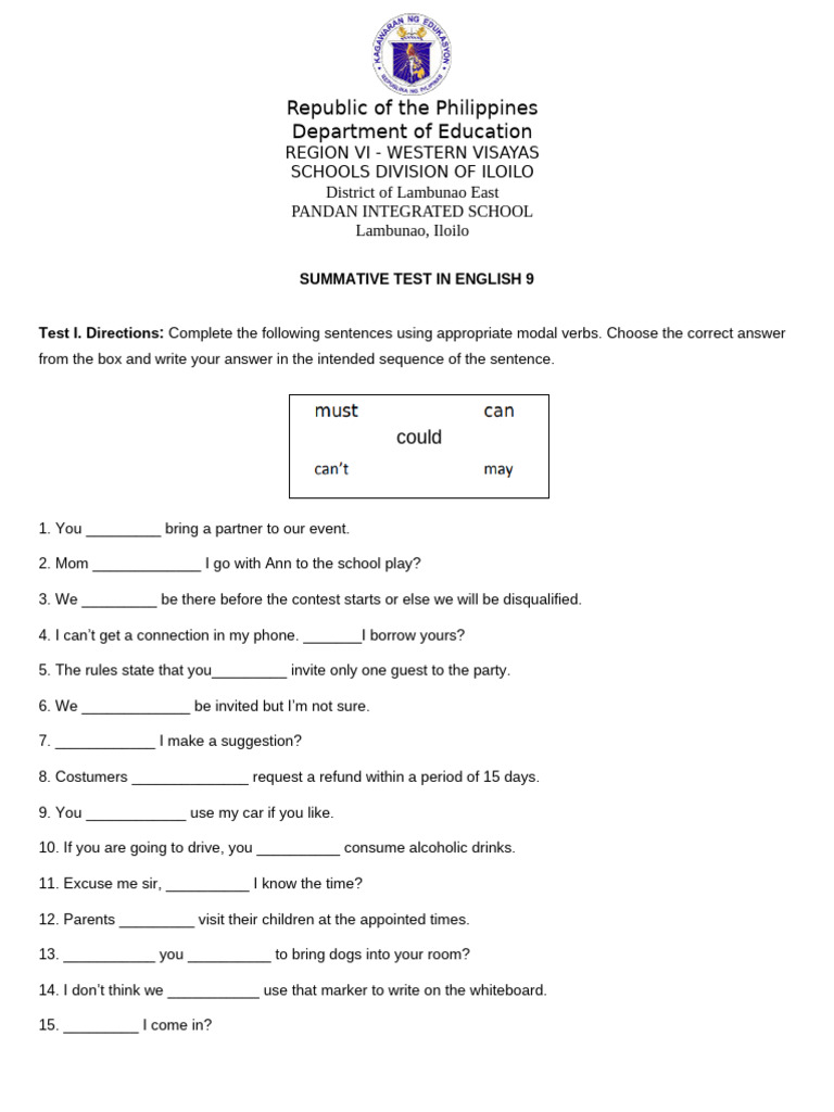 Grade 9 Q1 Modals Summative Test 1 | PDF | Chess Openings | Chess