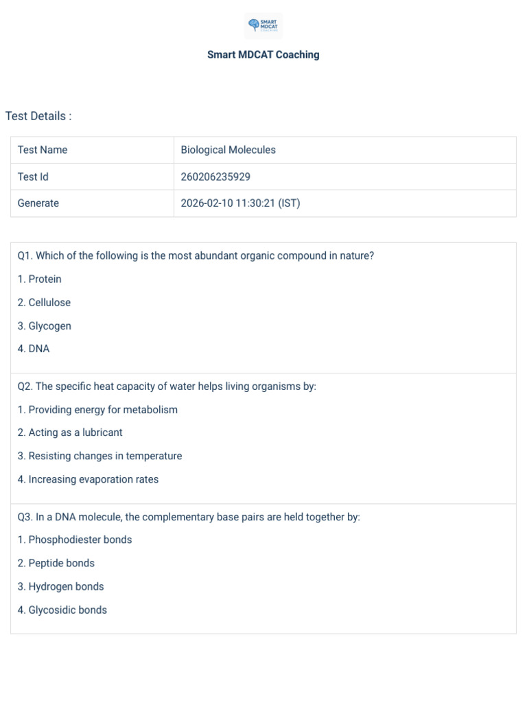 Biological Molecule Test | PDF | Fructose | Glucose