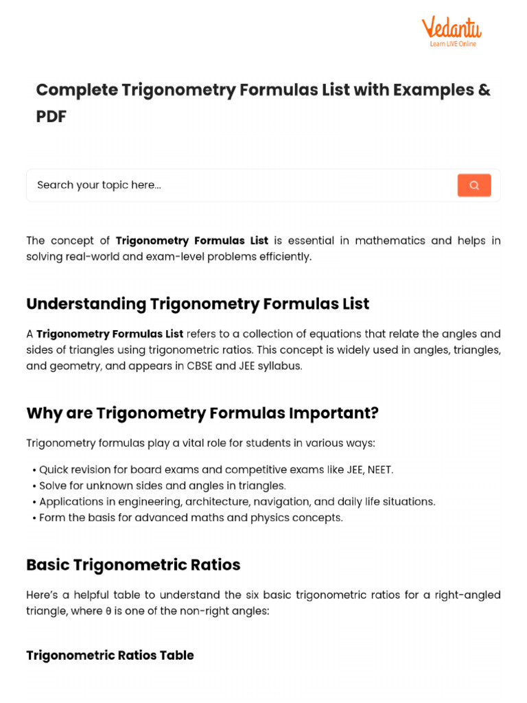 Complete Trigonometry Formulas List With Examples & PDF | PDF