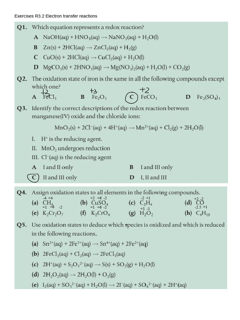 Exercises R3.2 Electron Transfer Reactions | PDF