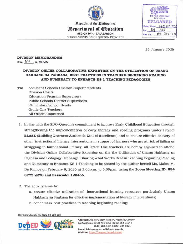 DM NO. 0120 S. 2026 For Grade 1 Teacher | PDF