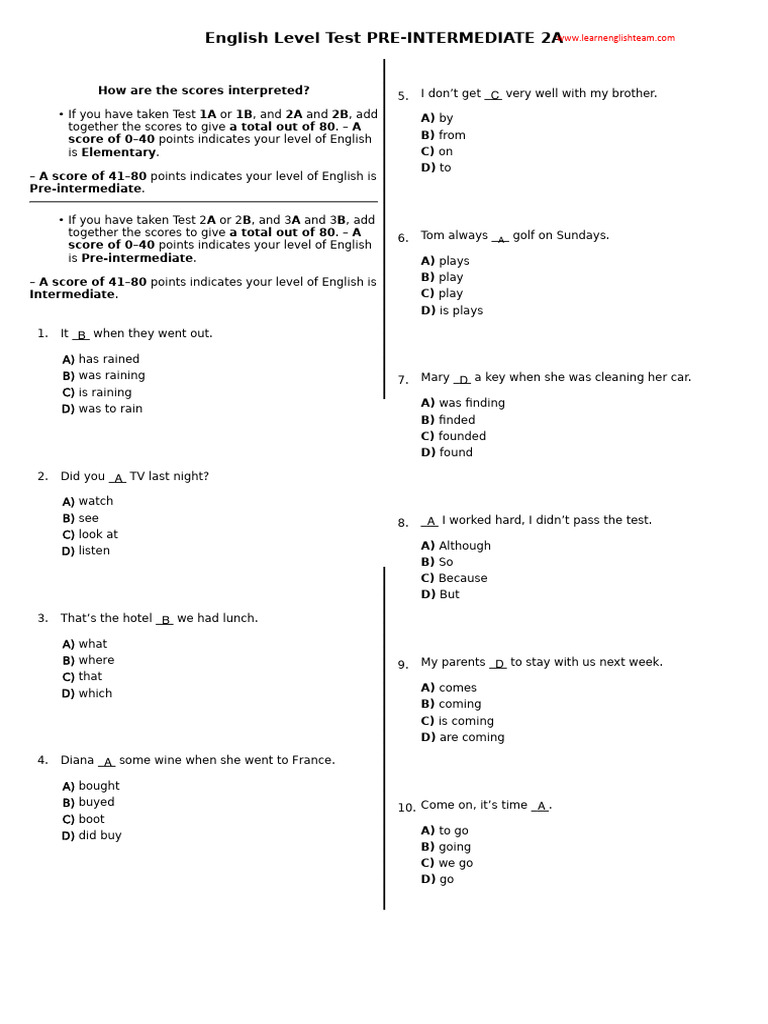 3 English Level Test Pre Intermediate A2 | PDF
