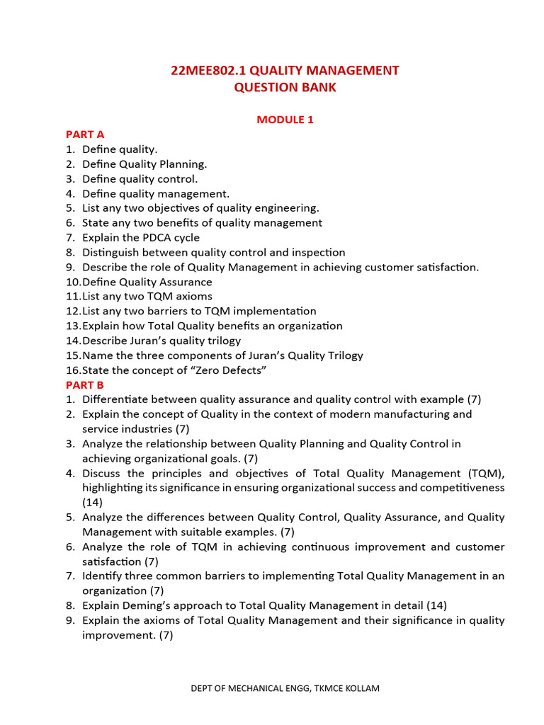 Quality Management - Question Bank | PDF | Quality Management | Quality ...