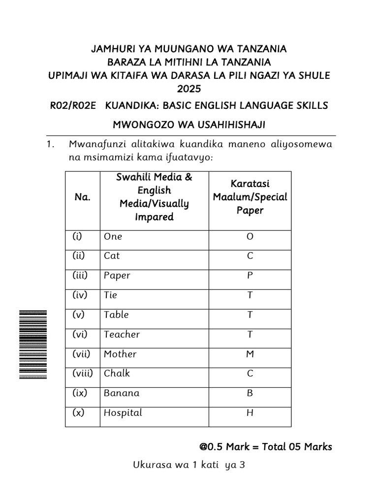r02 Kuandika-basic English Language Skills Mwongozo Wa Usahihishaji (1 ...
