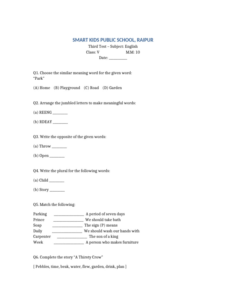 English Test Class V Final Matching | PDF