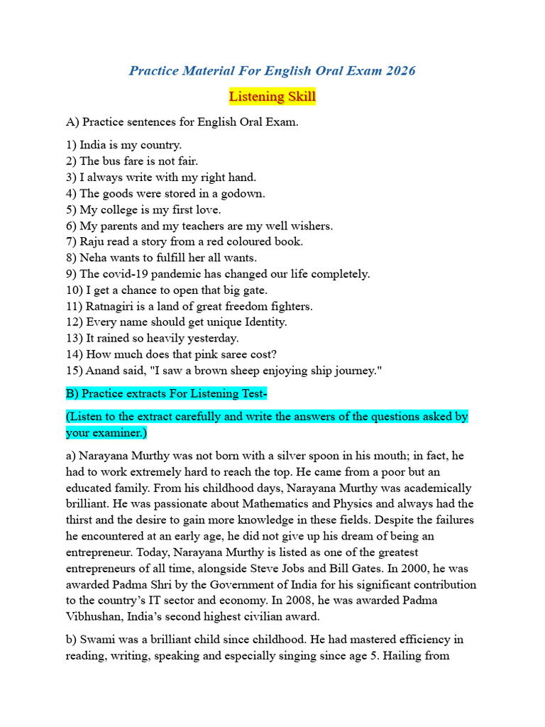 Practice Material English Oral Exam 2026 | PDF