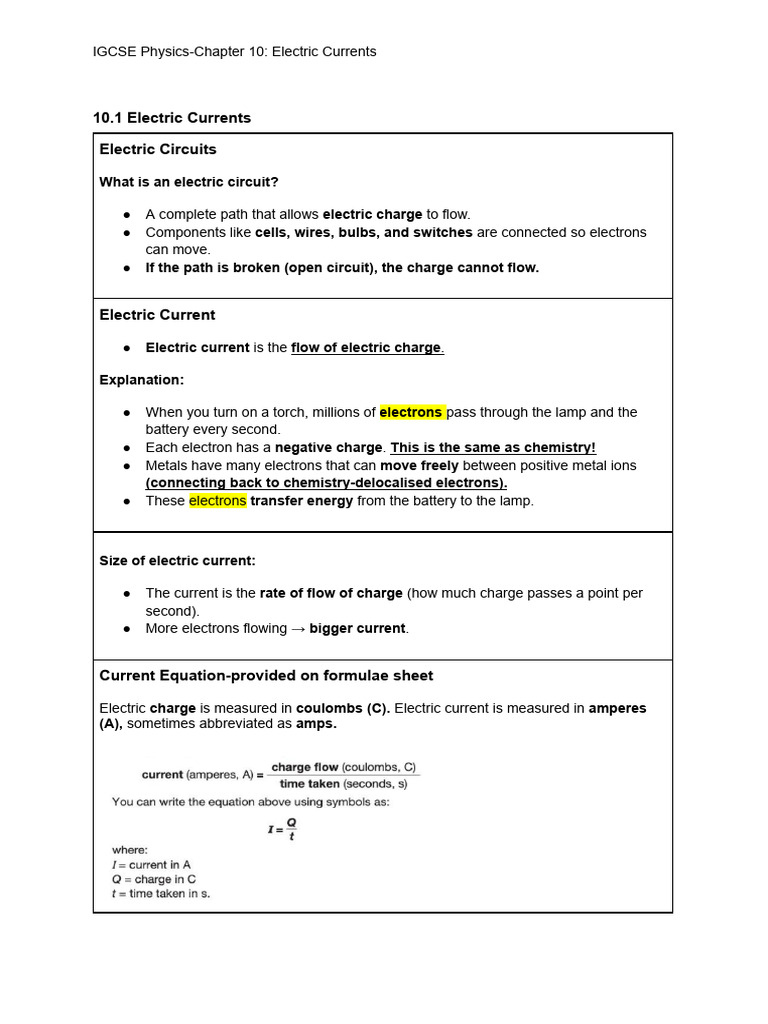 Physics Chapter 10 Guided Notes | PDF | Electric Current | Voltage