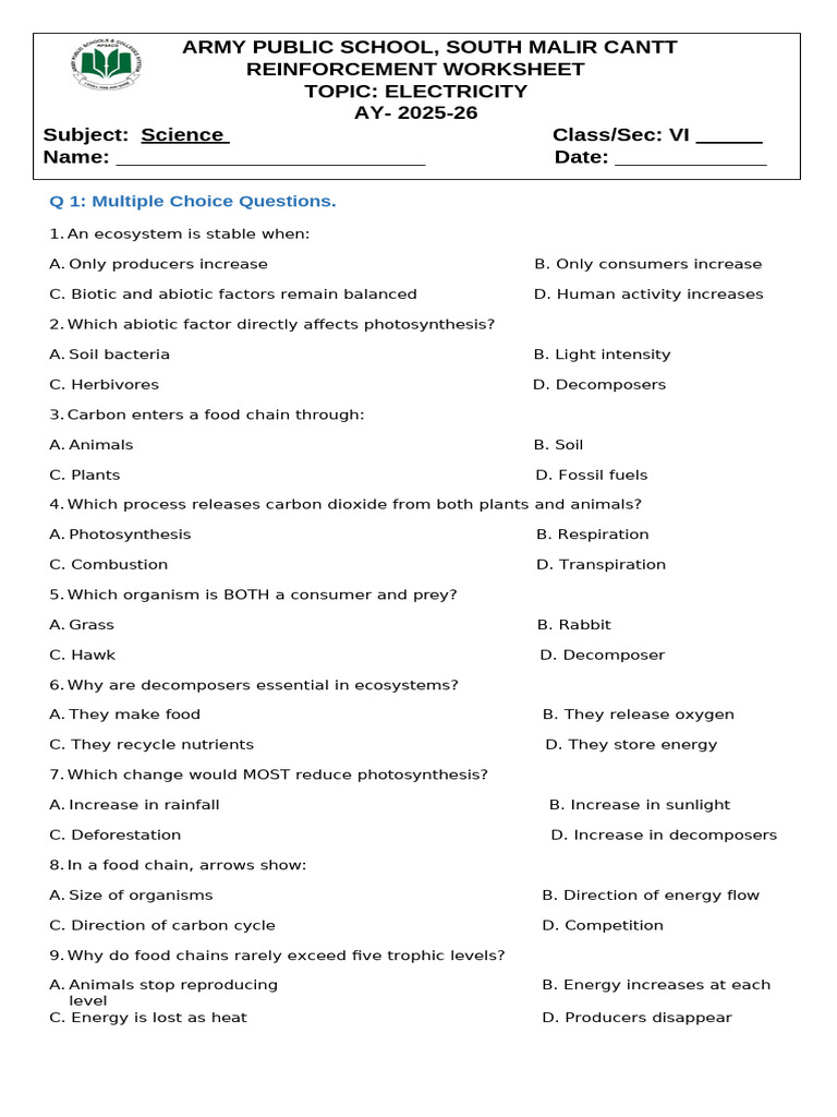 Ecology Revision Worksheet | PDF | Ecosystem | Food Web