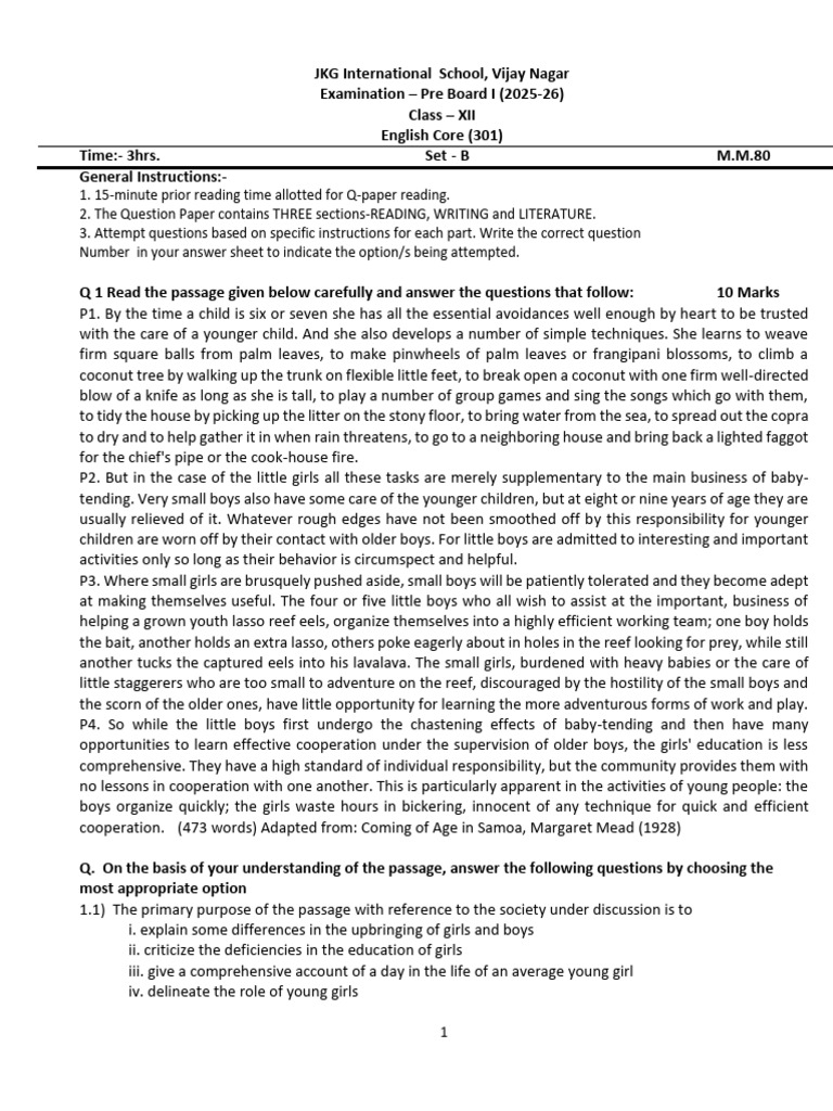 12 English Pre Board 3 Set B (25-26) | PDF | Corporate Social ...