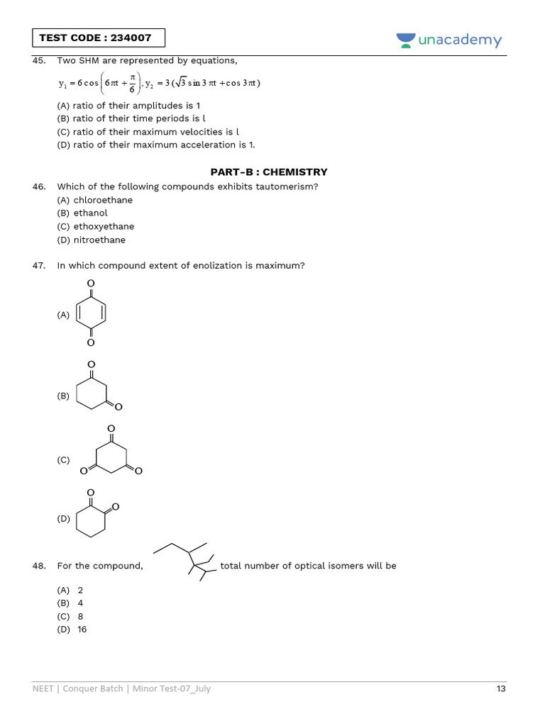 NEET UG 234007 Conquer July Minor Test 07 SC | PDF | Isomer | Chemical ...
