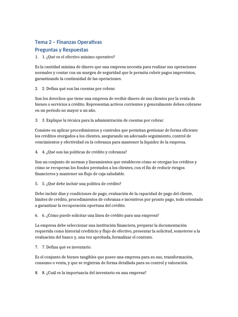 Preguntas Tema 2 Finanzas Operativas | PDF | Bancos | Business