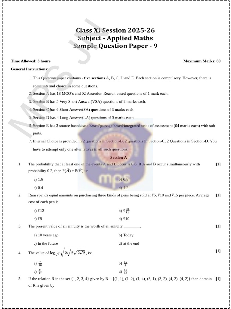Sample Paper 9 XI Applied Mathematics 2025 - 26. | PDF | Mathematics