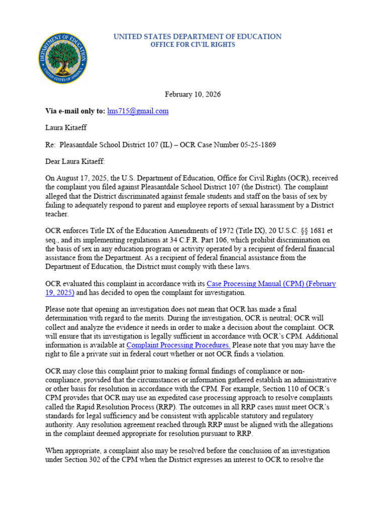 Federal Government Letter On Pleansantdale District 107 | PDF | Human ...
