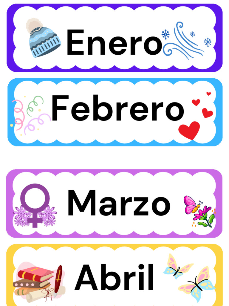 Tarjetas de Los Meses Del Año en Español Ilustrativo Colorido ...