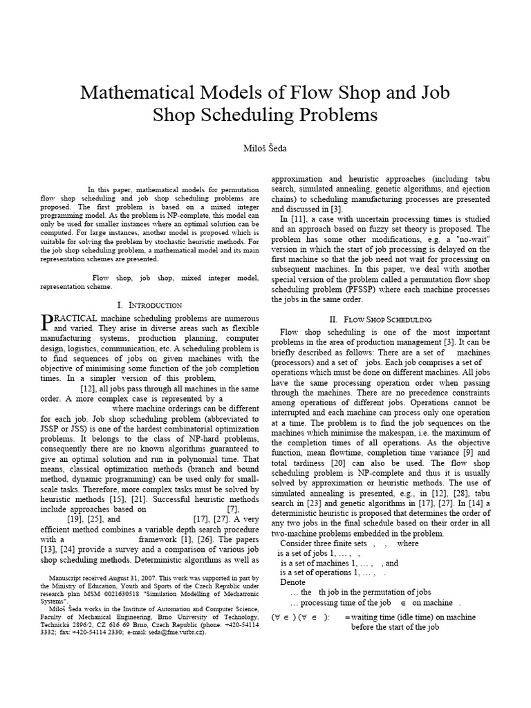 Mathematical Models of Flow Shop and Job Shop Scheduling Problems | PDF ...