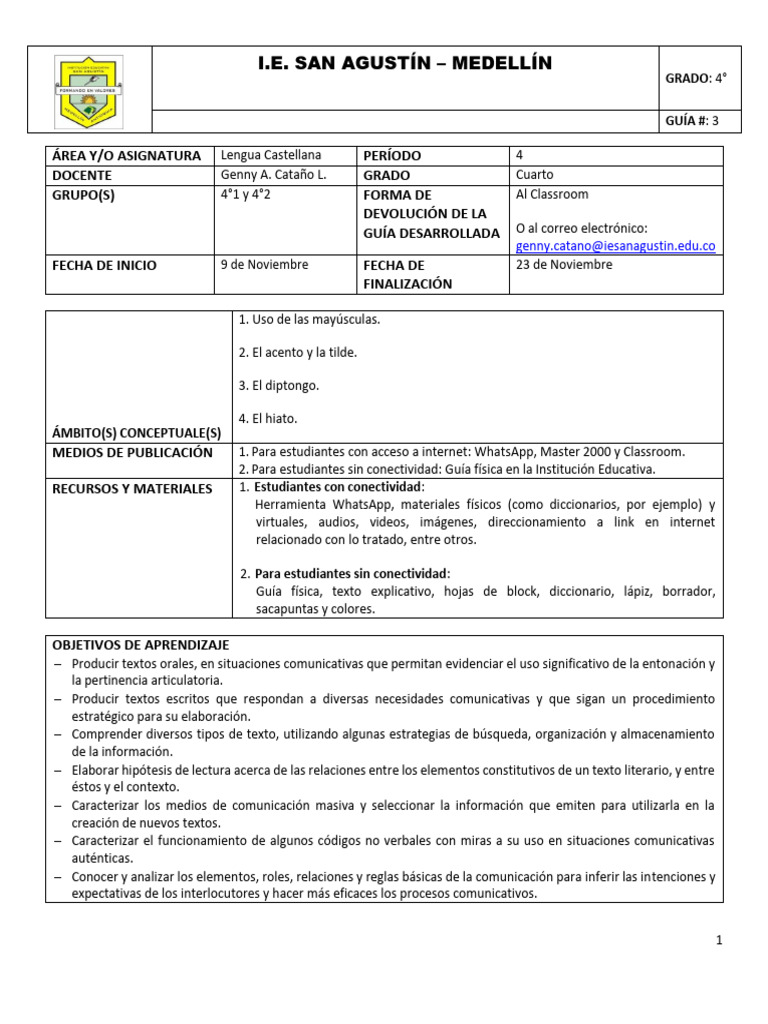 Español Grado 4° - 4P - Clase3 | PDF | Metacognición | Comunicación no ...