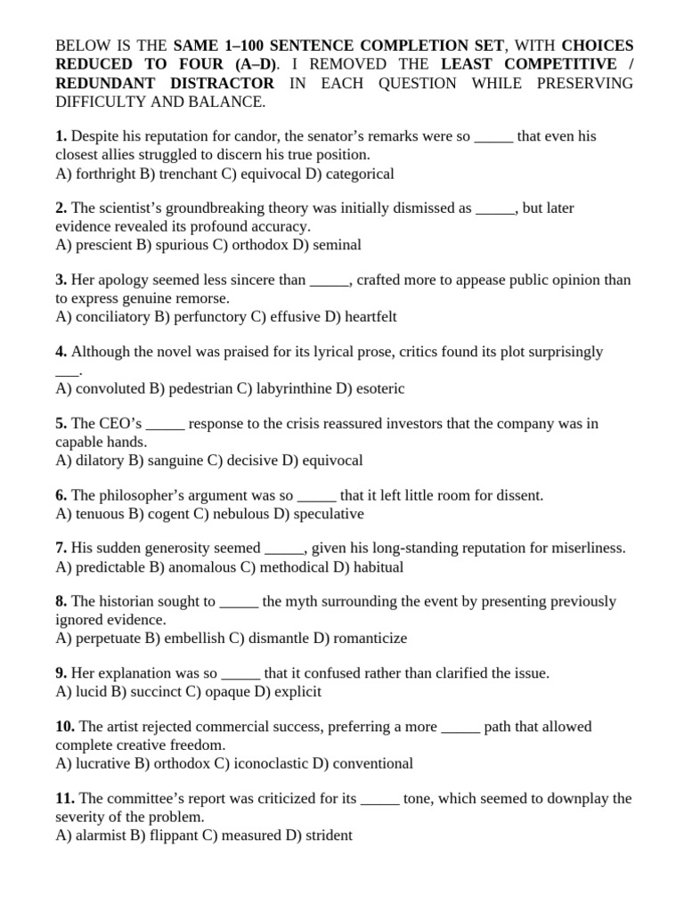 Sat Practice Qs On Sentence Completion | PDF