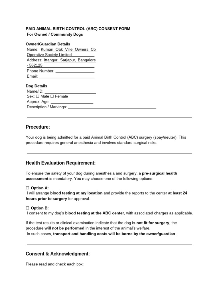 Paid Animal Birth Control (ABC) Consent Form | PDF | Anesthesia | Birth ...