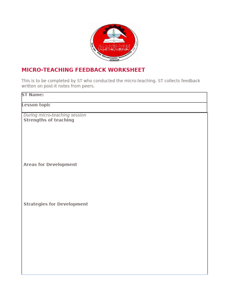 Micro-Teaching Feedback Worksheet | PDF