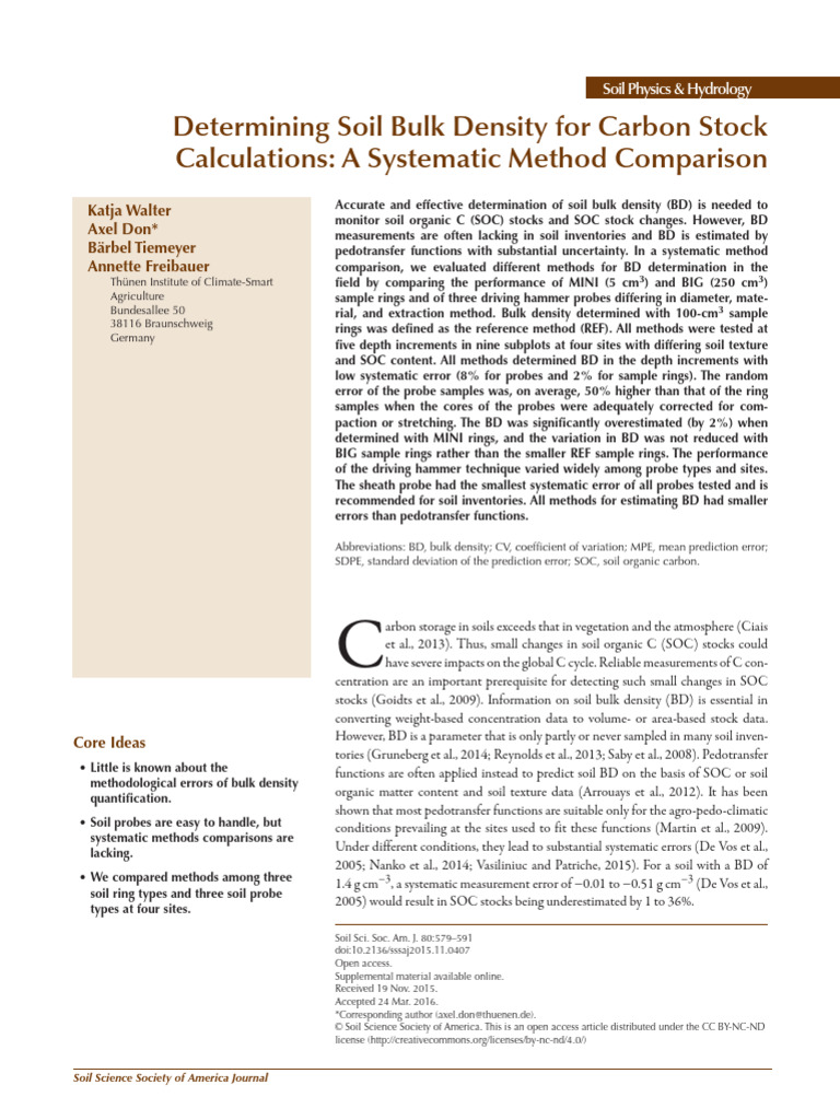 Walter Et Al 2016 Determining Soil Bulk Density For Carbon Stock ...
