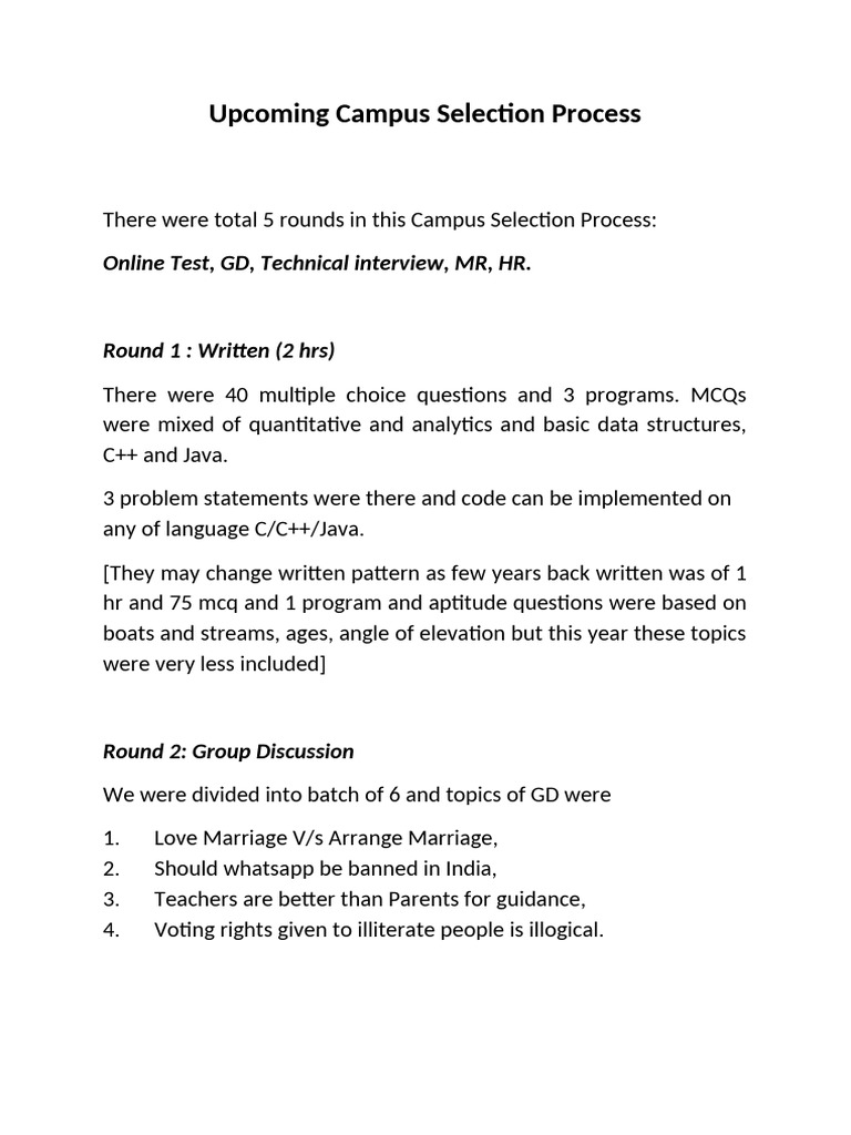 Upcoming Campus Selection Process | PDF | Computer Science | Computer ...