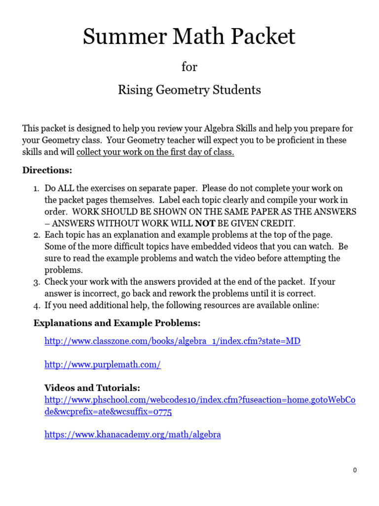 US Geometry Math Summer Packet 2025 | PDF | Equations | Mathematical ...