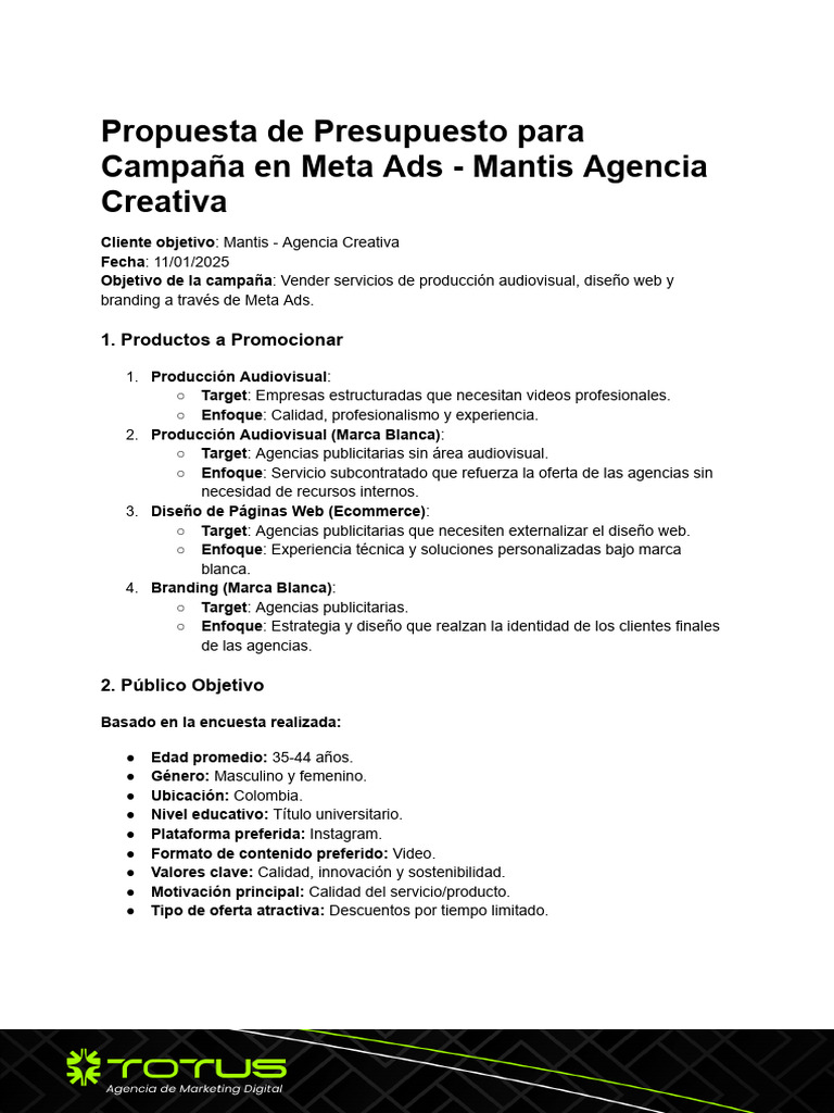 Propuesta de Presupuesto Para Campaña en Meta Ads - Mantis Creative ...