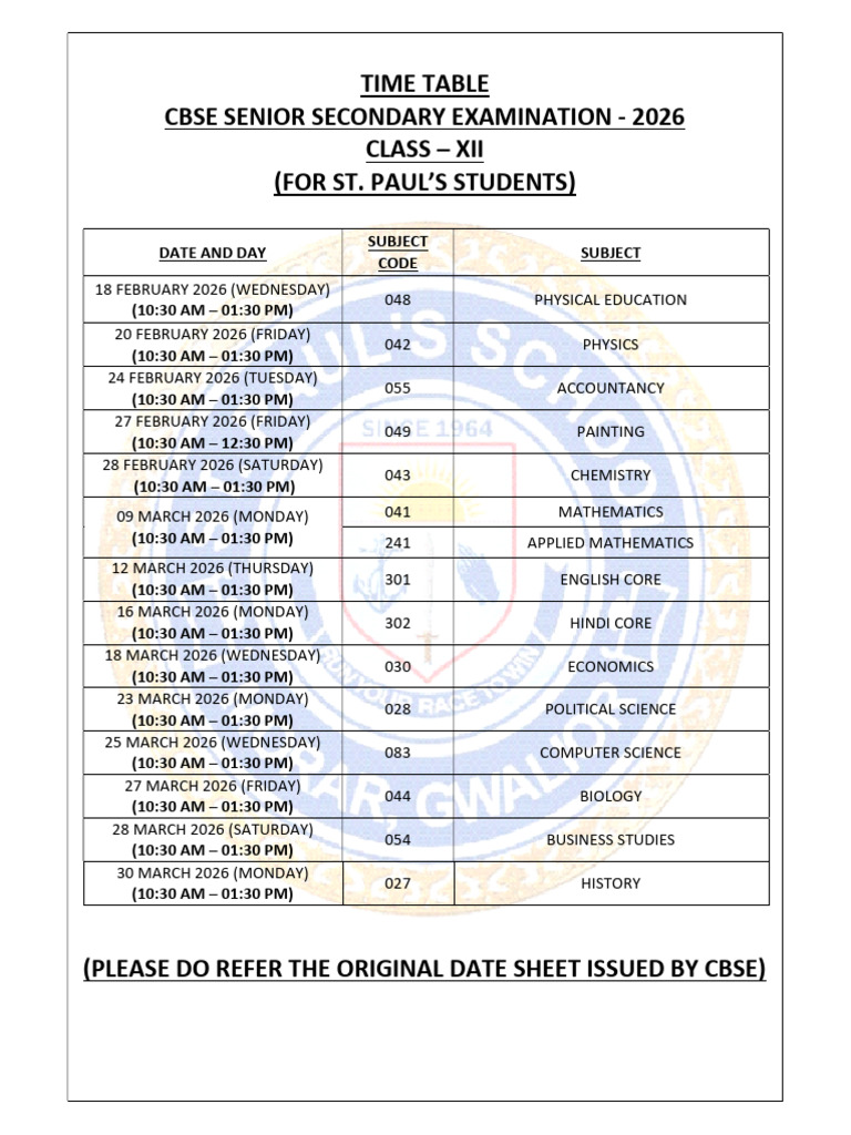 Class Xii Time Table Board Exam | PDF